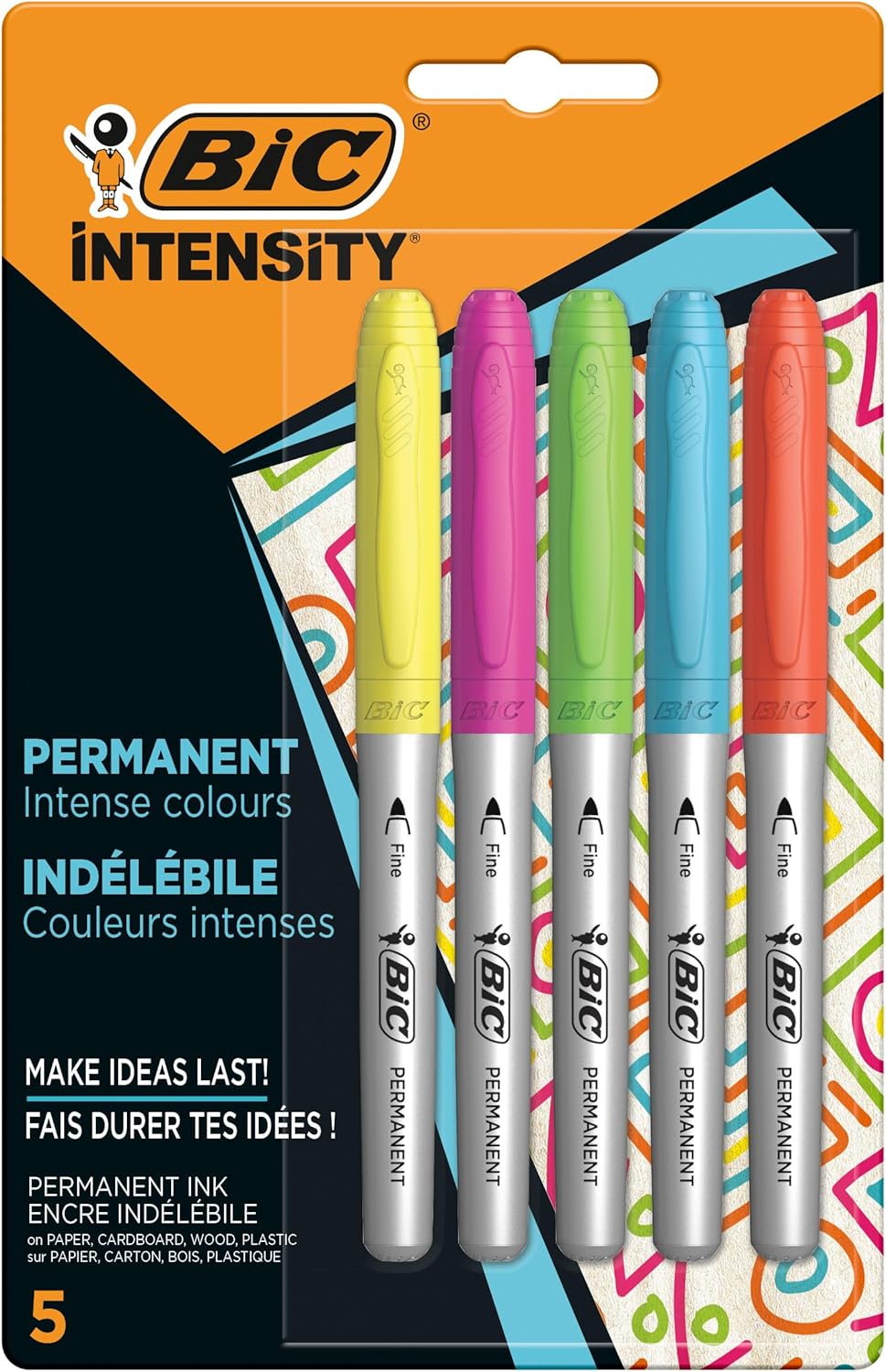 BIC Permanent Markers Fine Tip Assorted Intense Colours Pack of 5